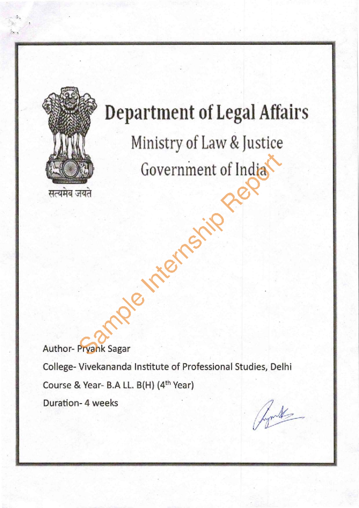 B.A. LL.B (H) 4th Year: Sample Internship Report on Legal Affairs - Studocu