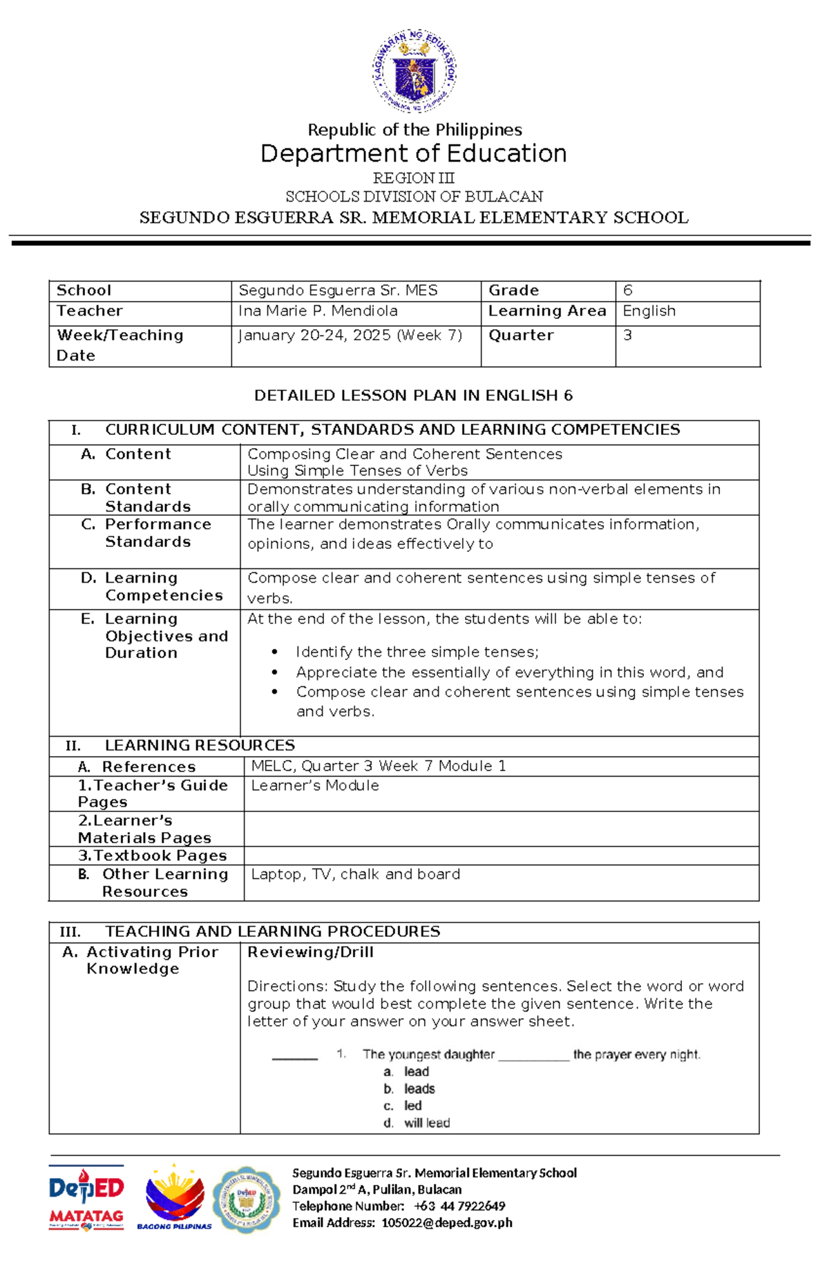DLP-English 6-WK7 4th - Detailed Lesson Plan on Simple Tenses - Studocu