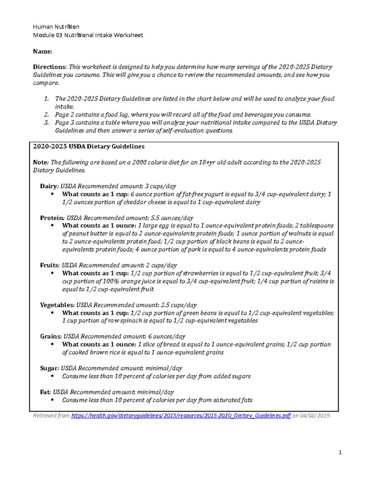 Nutrient Intake Worksheet 01 - Module 03 Nutritional Intake Worksheet ...