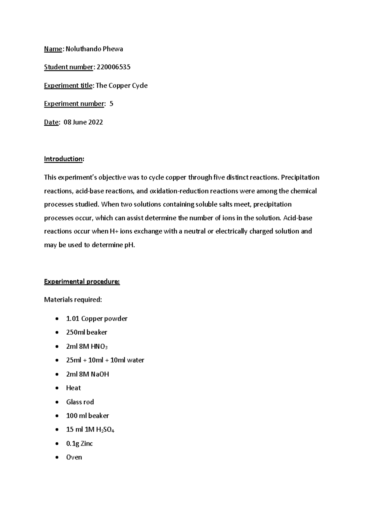 NTP CHEM210 Prac 5: The Copper Cycle Experiment Report - Studocu