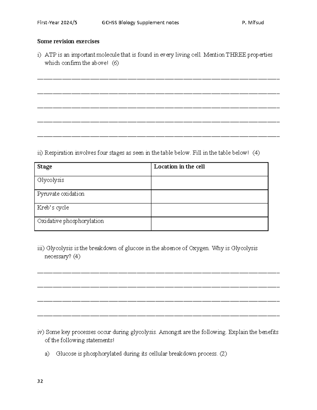 GCHSS Biology Final Exam Revision Notes on Respiration - Studocu