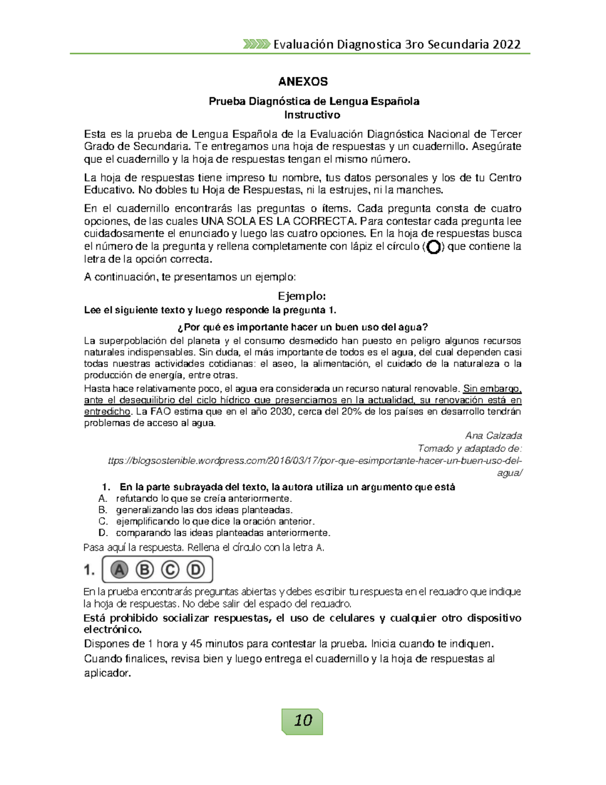 Instructivo Prueba Diagnóstica de Lengua Española 3ro Secundaria 2022 ...