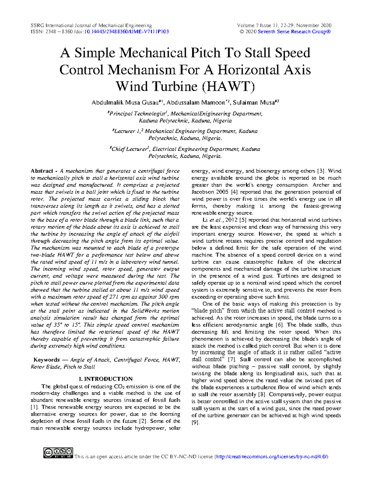 A Simple Mechanical Pitch Control Mechanism for HAWT: IJME-V7I11P103 ...