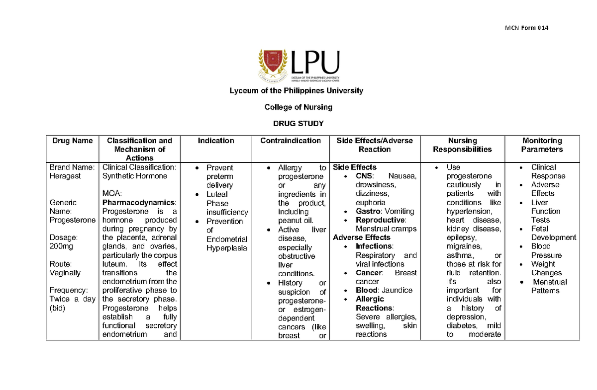 MCN 014 - Drug Study on Heragest (Progesterone): Actions & Effects ...