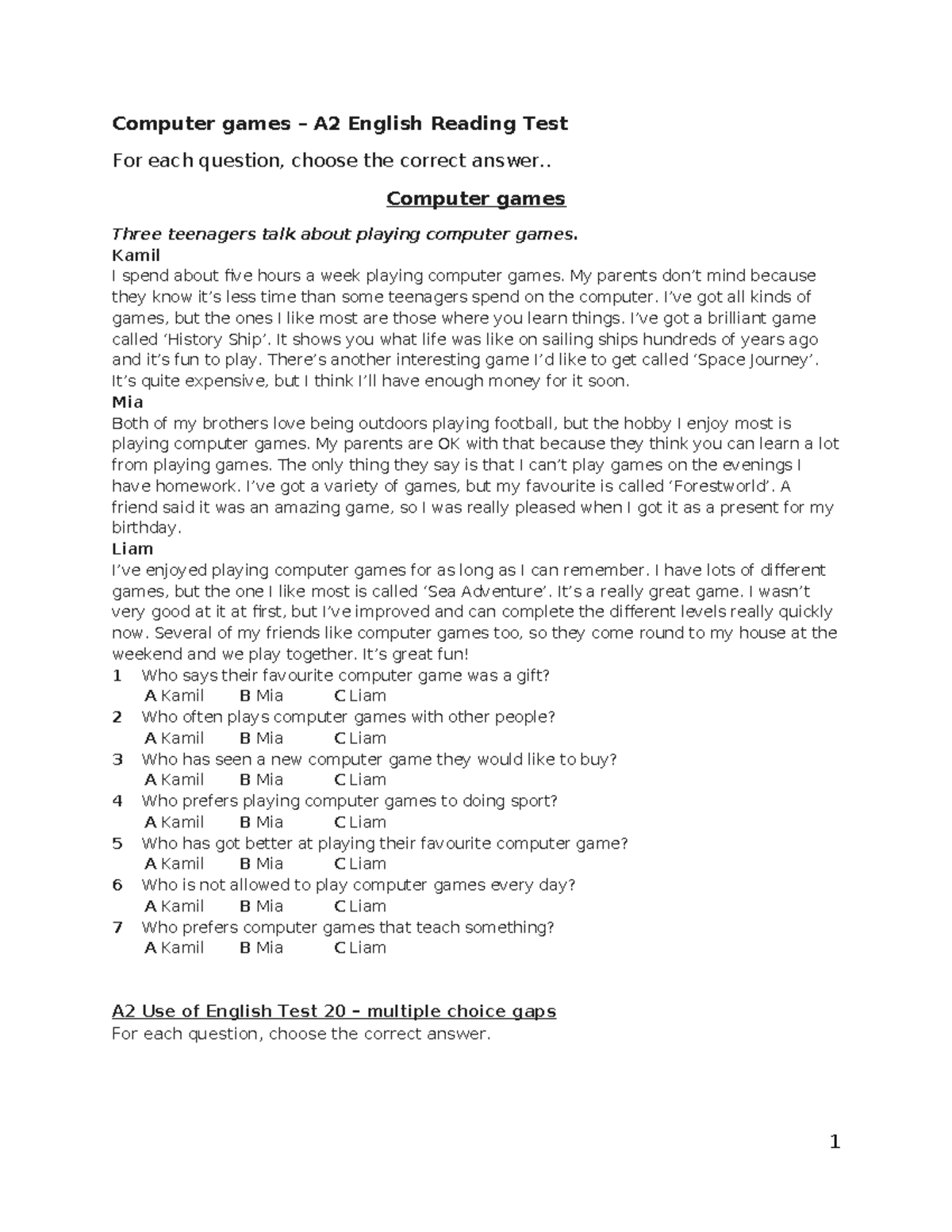 Computer Games – A2 English Reading Test & Use of English Test - Studocu