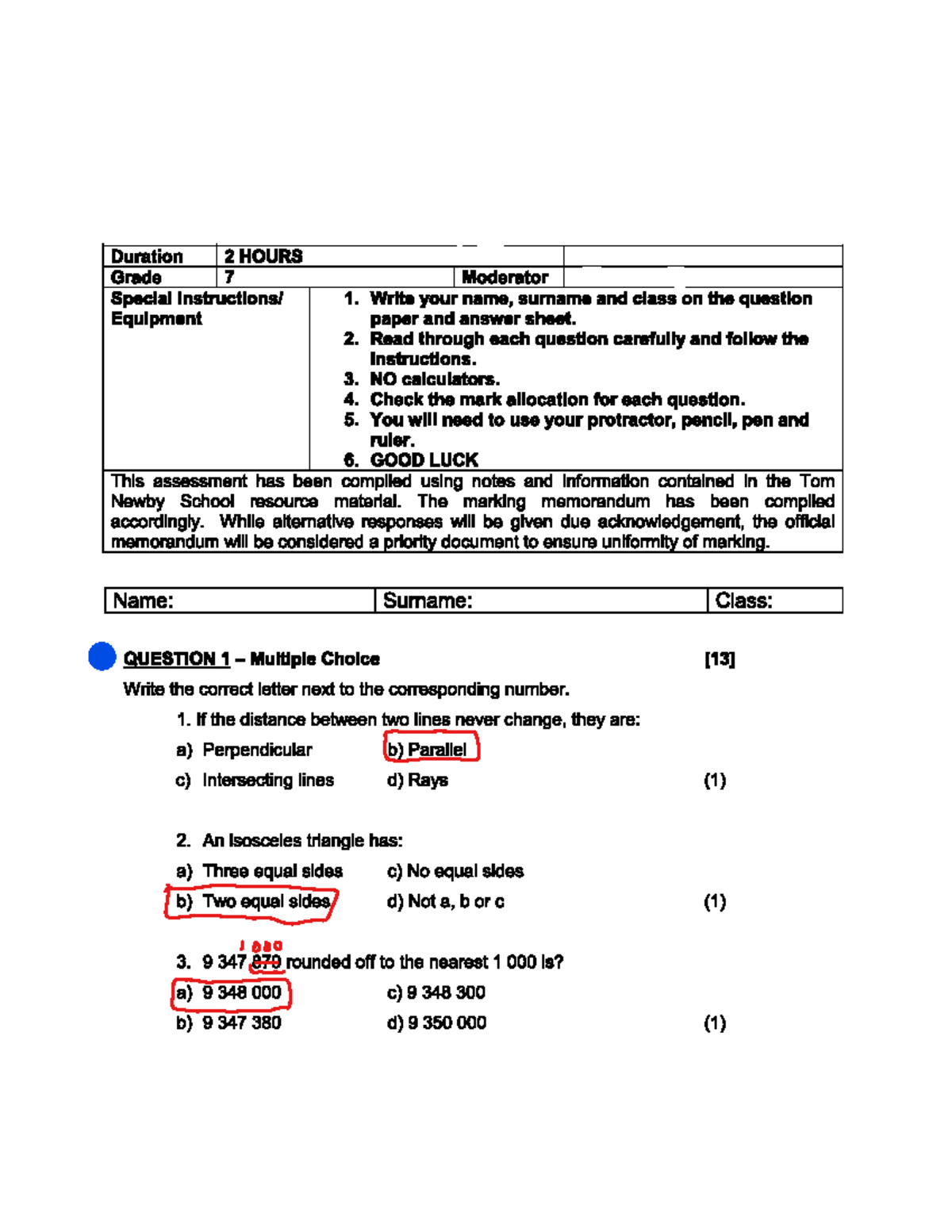Maths Test Sat - Grade 7 Assessment (Duration: 2 Hours) - Studocu
