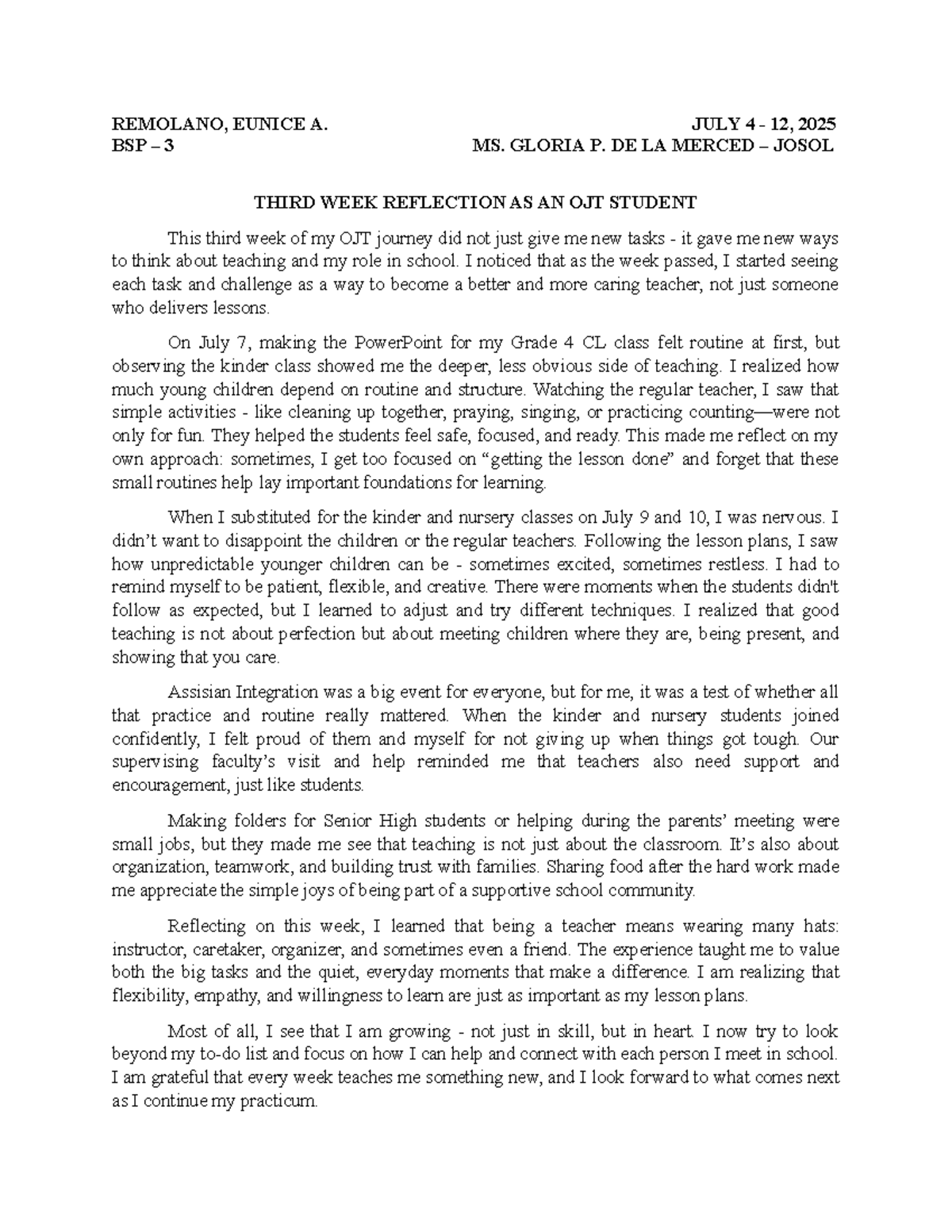BSP 3 OJT Student Third Week Reflection: Growth in Teaching - Studocu