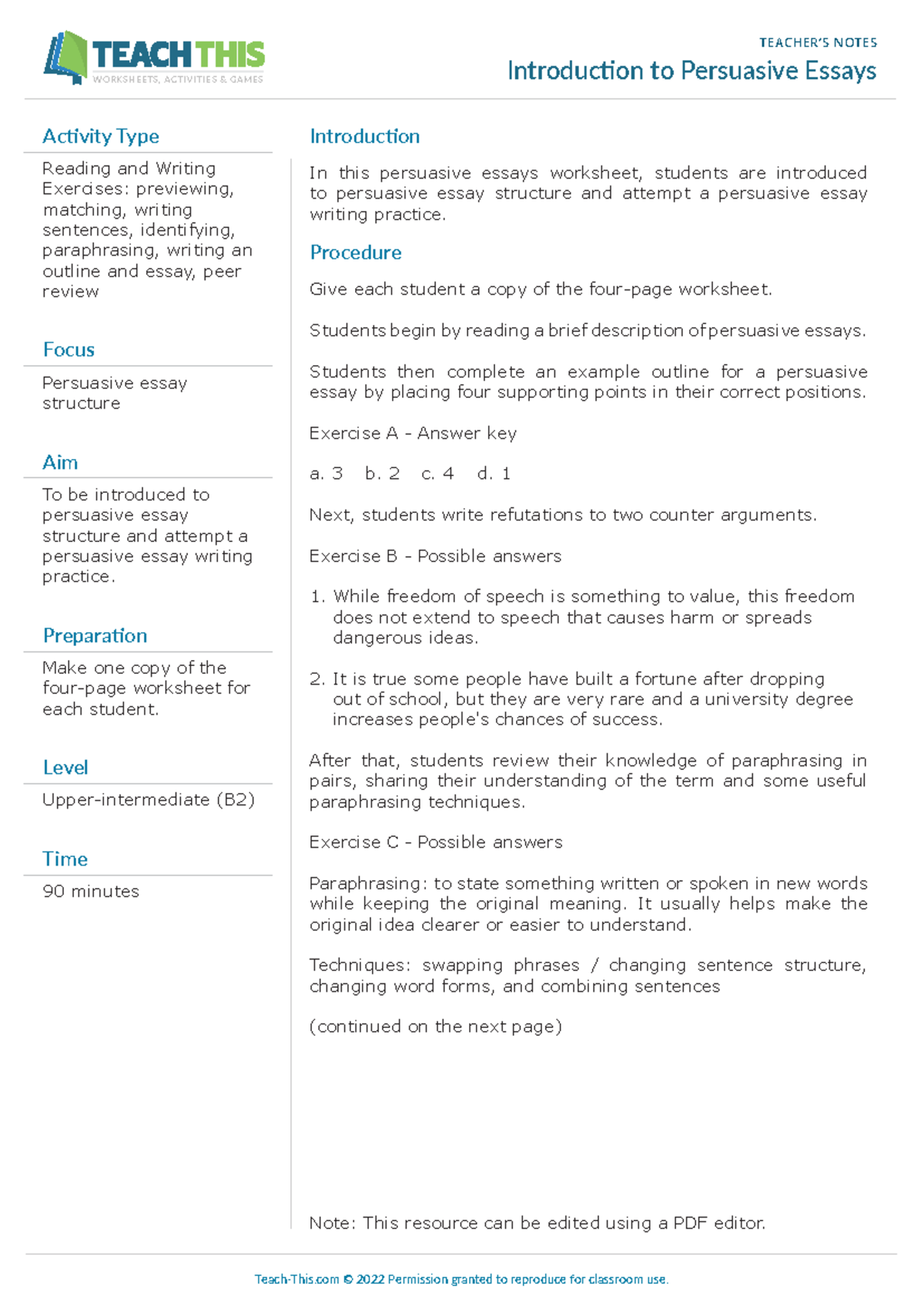 Persuasive Essay Structure & Writing Practice: Introduction Guide - Studocu