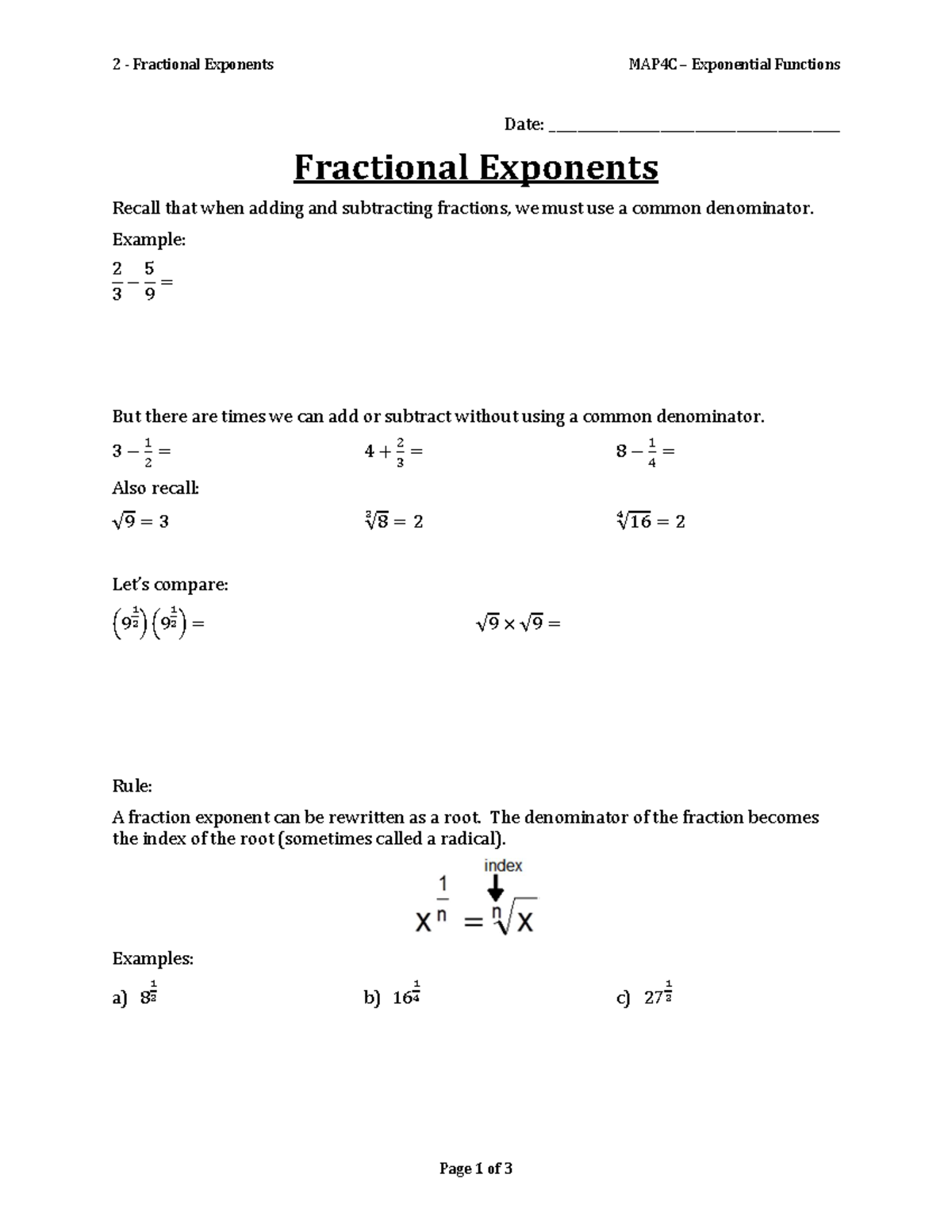 fractional exponents - 2 - Fractional Exponents MAP4C – Exponential ...