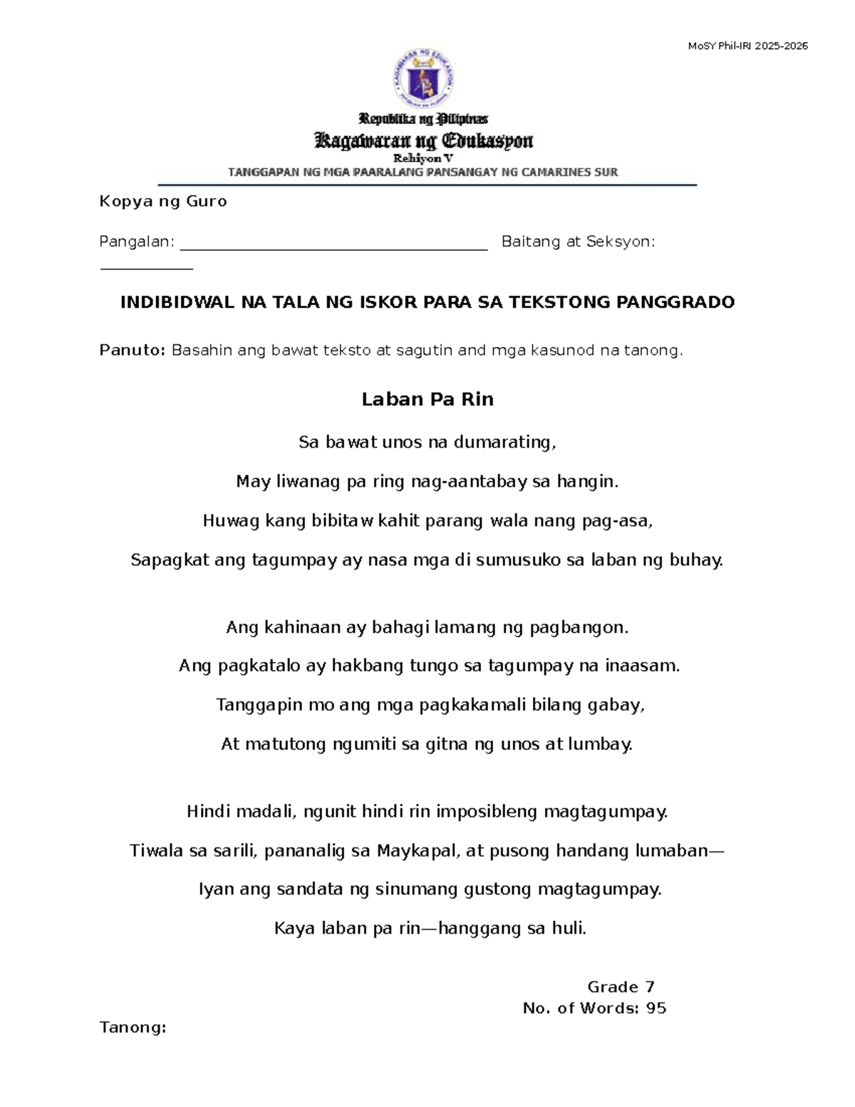 MoSY Grade 7 Filipino: Laban Pa Rin - Individual Score Record - Studocu