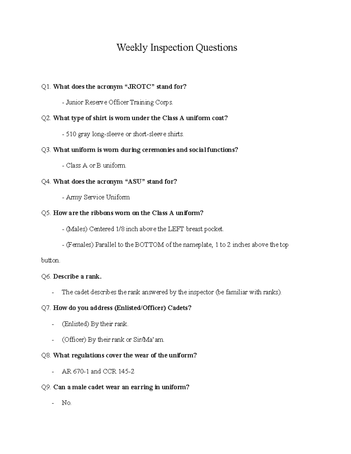 JROTC Weekly Inspection Questions & Uniform Regulations Guide - Studocu