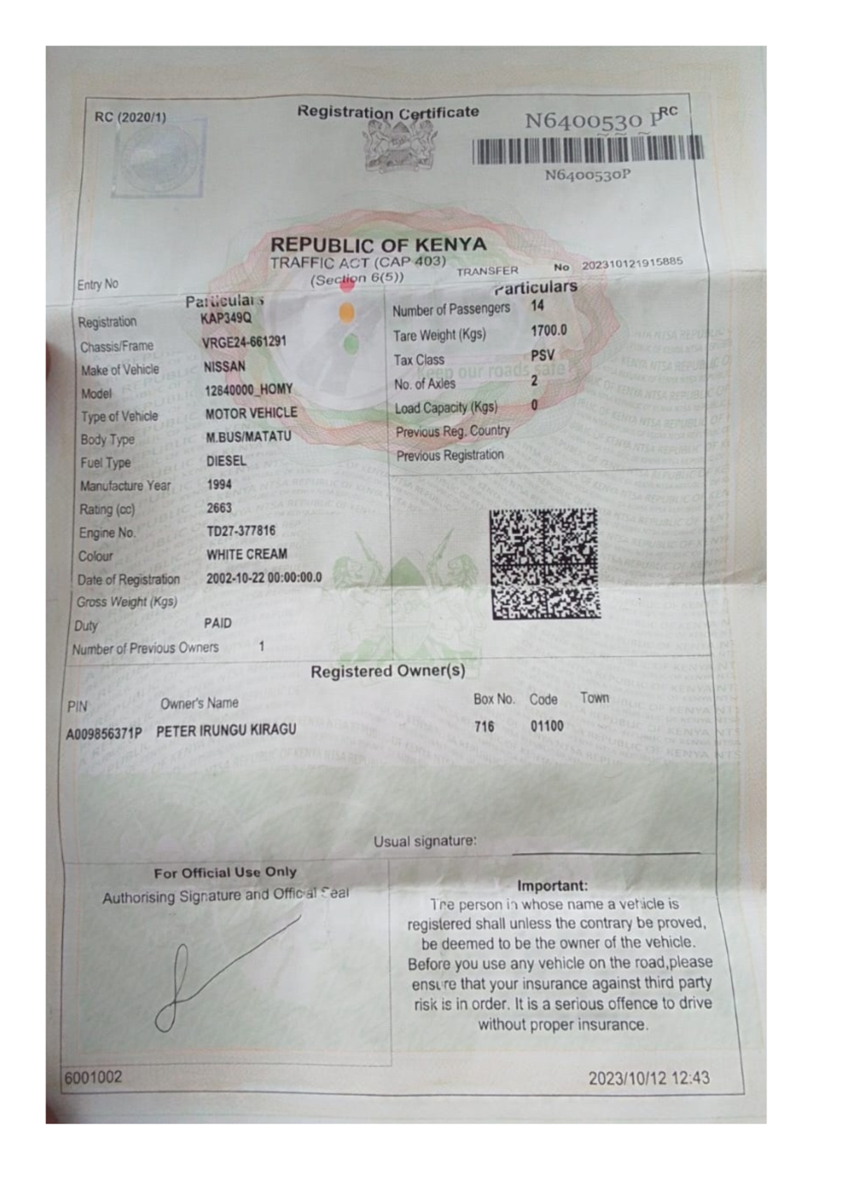 COMB - RC Registration Certificate N6400530 for NISSAN PSV Vehicle ...