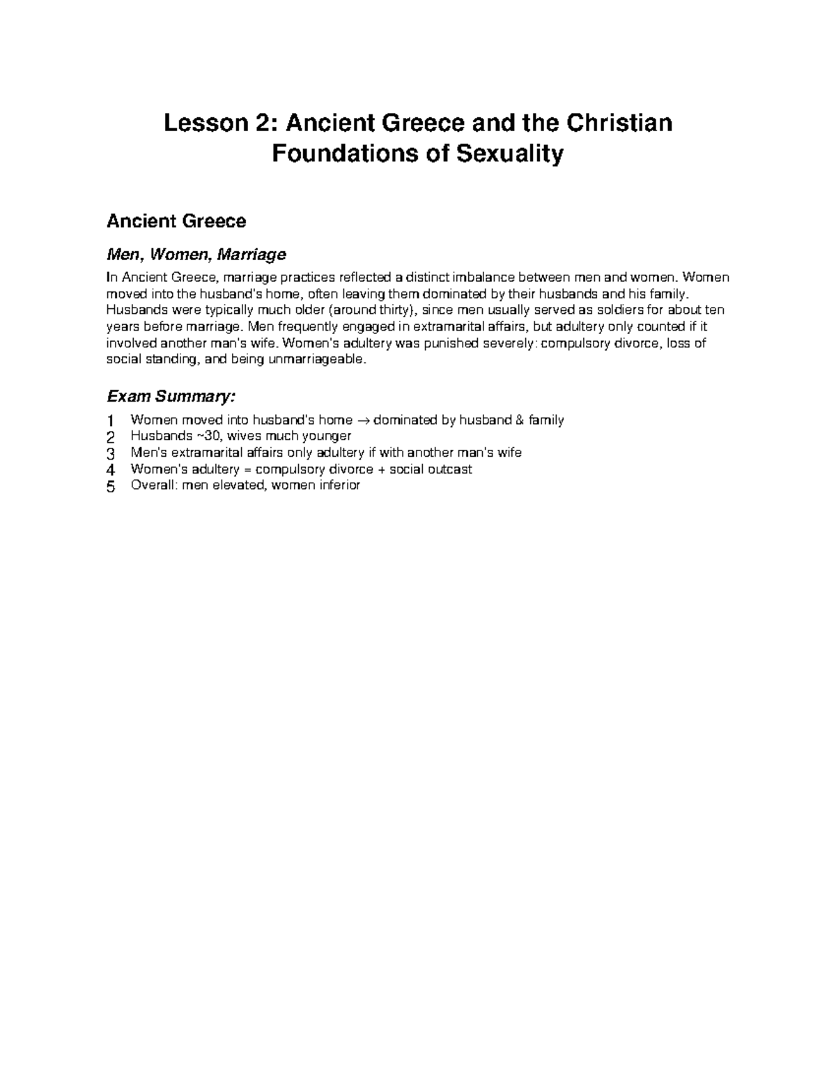 Lesson 2: Ancient Greece & Christian Sexuality Foundations Exam Notes ...