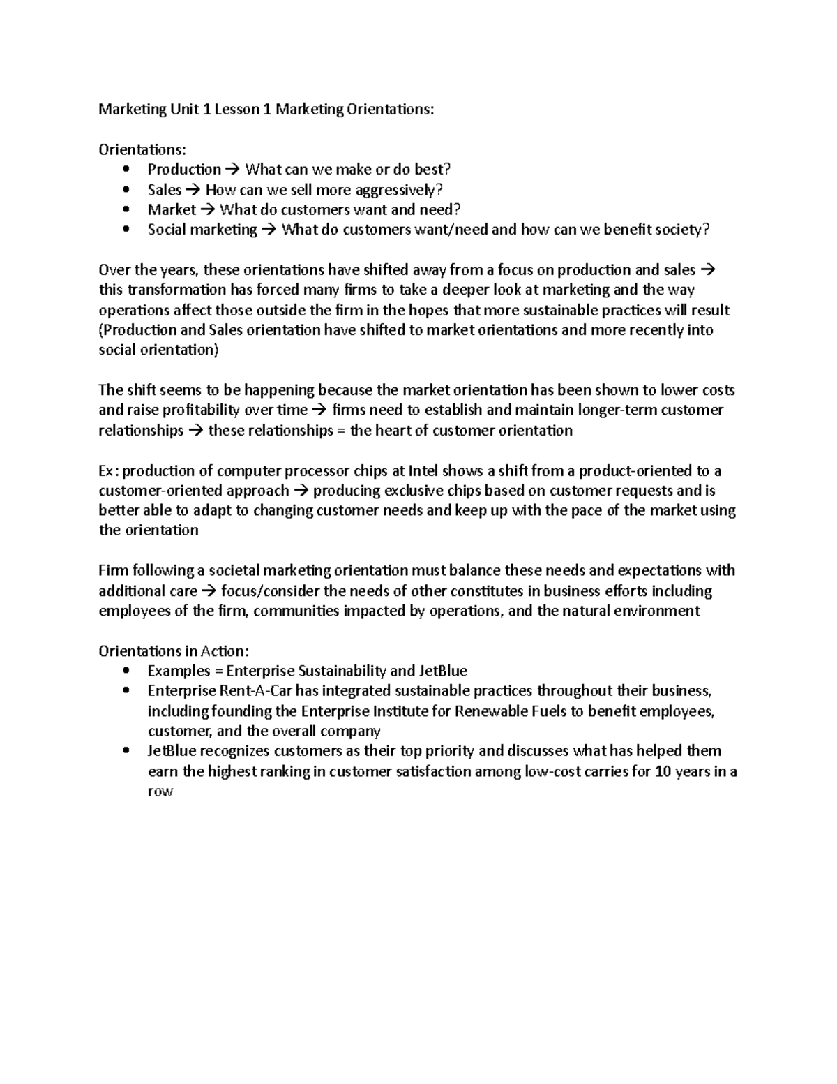 Marketing Unit 1 Lesson 1: Understanding Marketing Orientations - Studocu