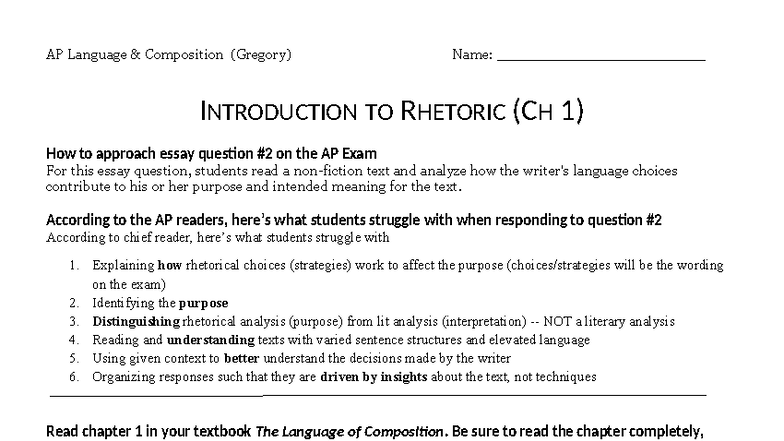 AP Lang Comp (Gregory) - Intro to Rhetoric (Ch 1) Essay Prep Guide ...
