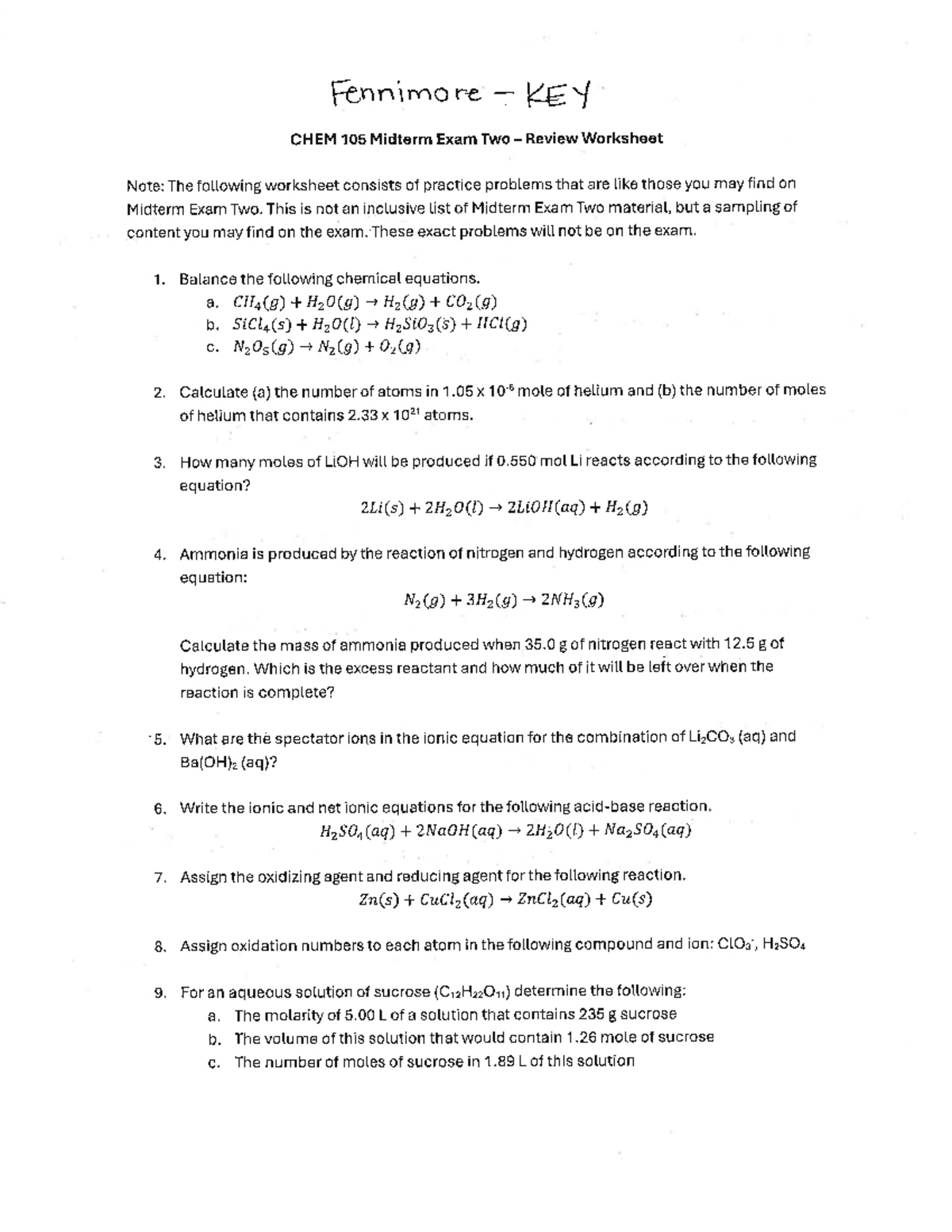 CHEM 105 Midterm Exam Two - Review Worksheet - Studocu