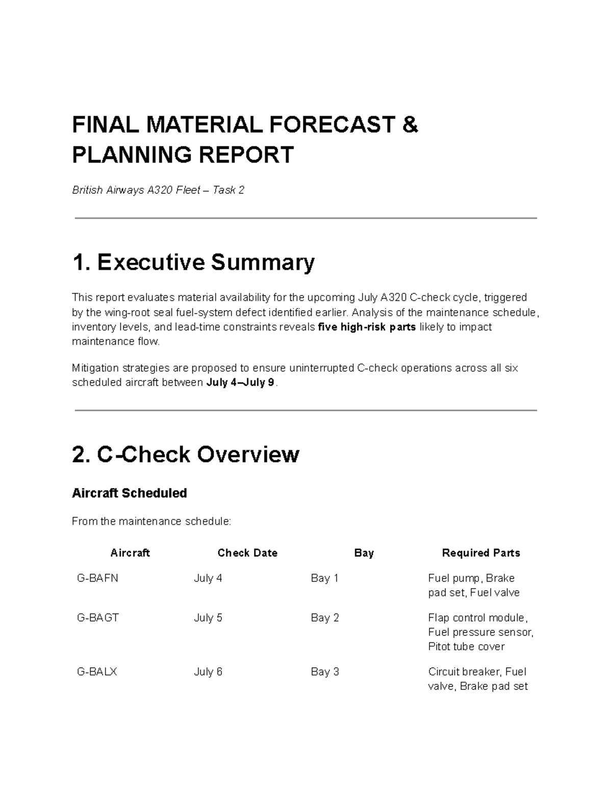 BA A320 Final Material Forecast Planning Report for July Cycle - Studocu