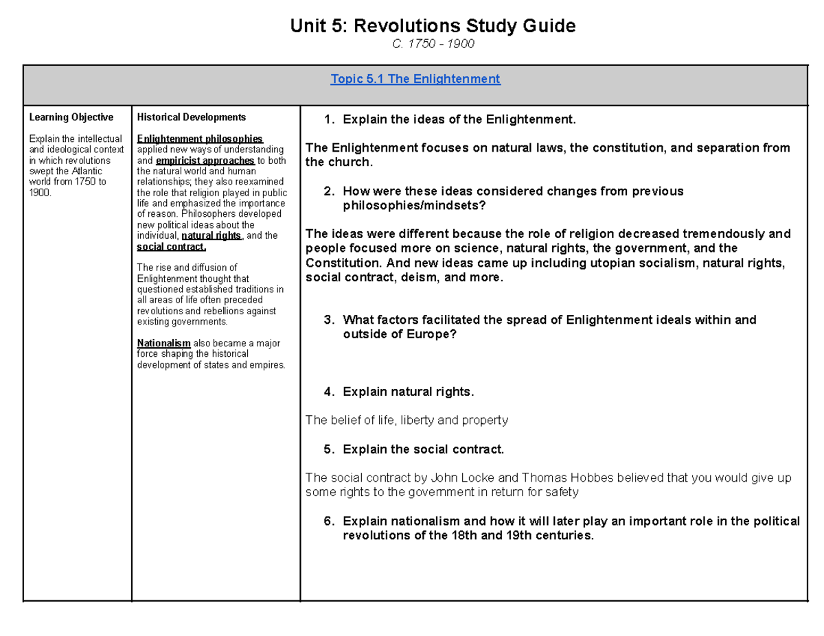 Copy of Unit 5 Study Guide - Unit 5: Revolutions Study Guide C. 1750 ...