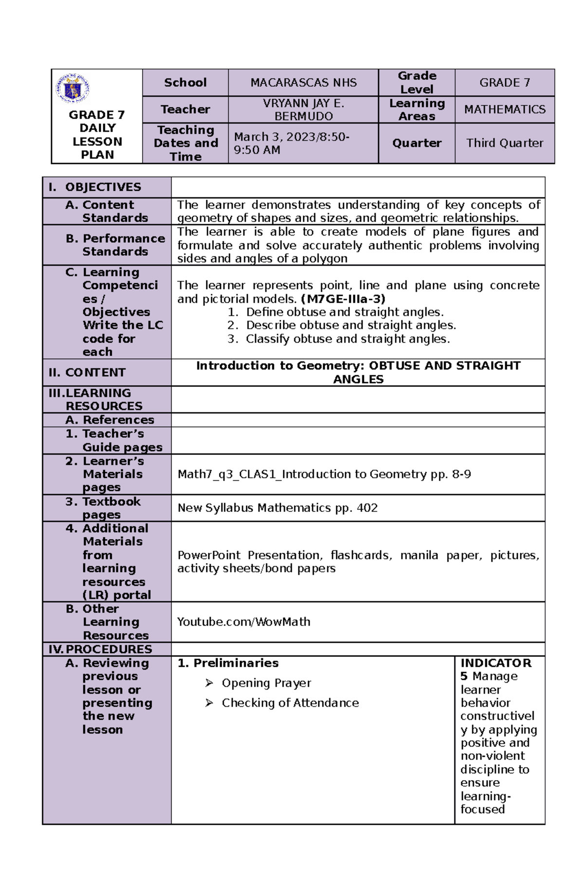 Math-7-COT - Daily Lesson Plan on Geometry: Angles in Focus - Studocu