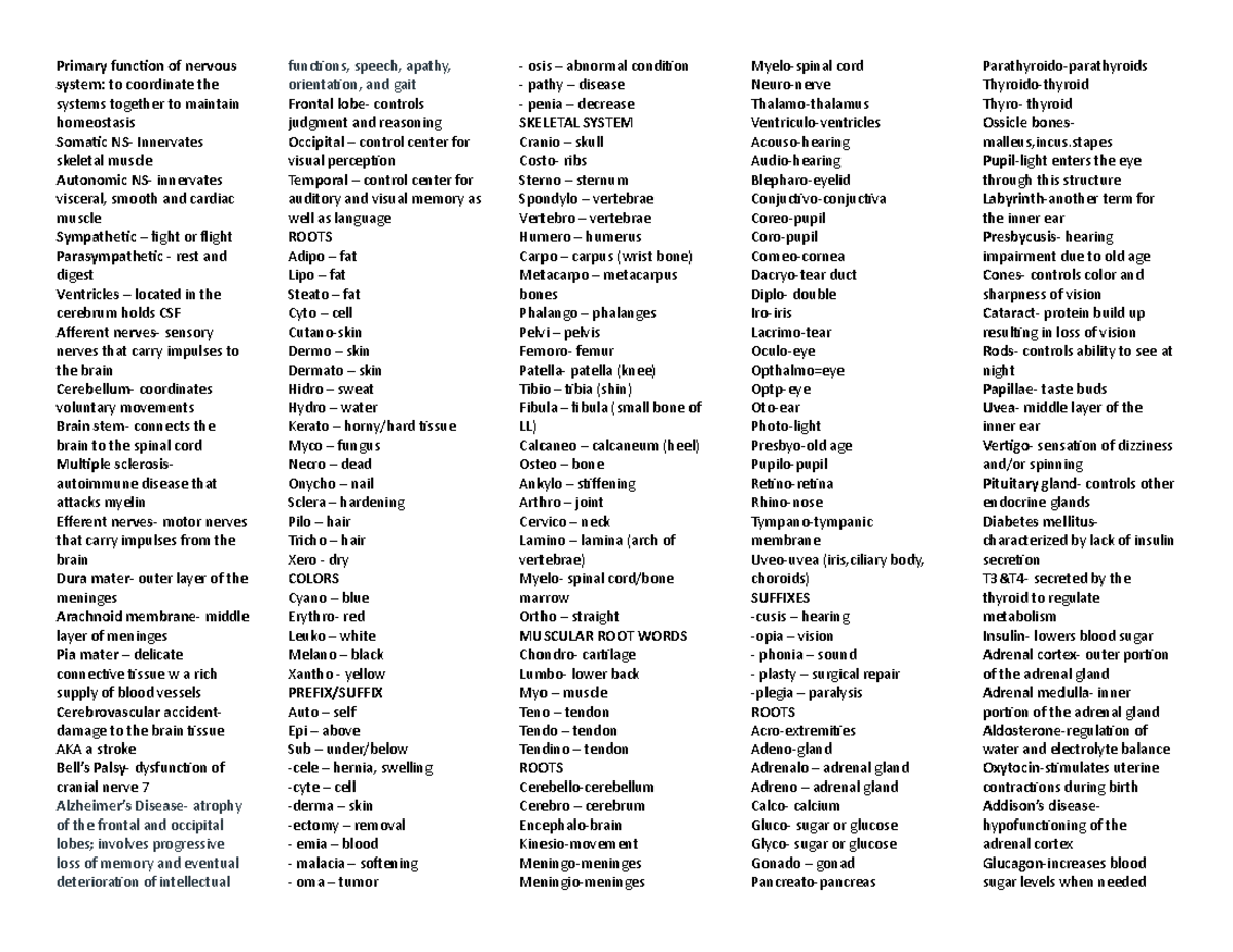 Medical Terminology Chapter 4 Review Test: Nervous System & Anatomy ...