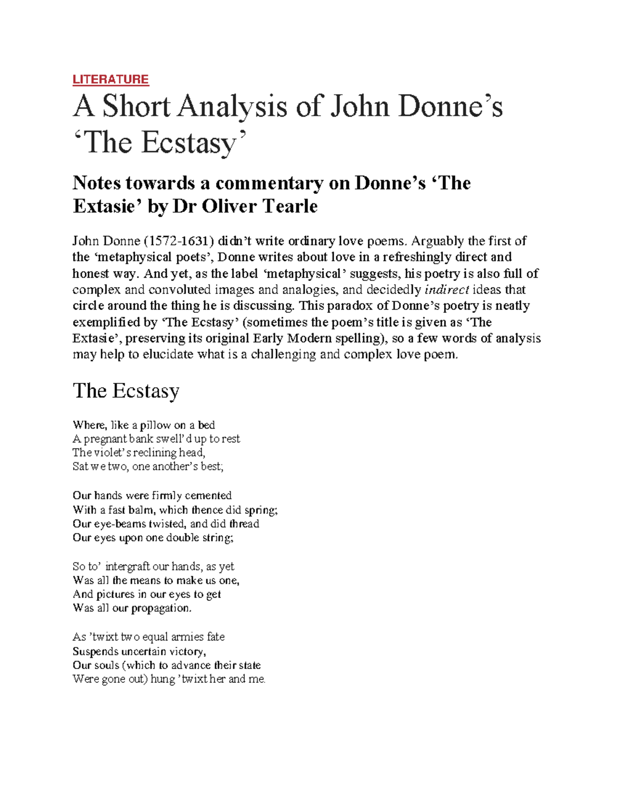 LIT 101: Analysis of John Donne's "The Ecstasy" Poem - Studocu