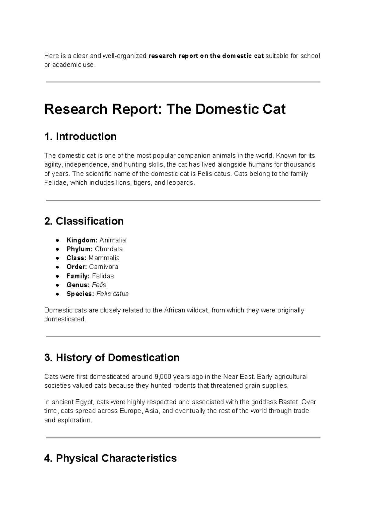 Research Report: The Domestic Cat (Felis catus) Overview - Studocu