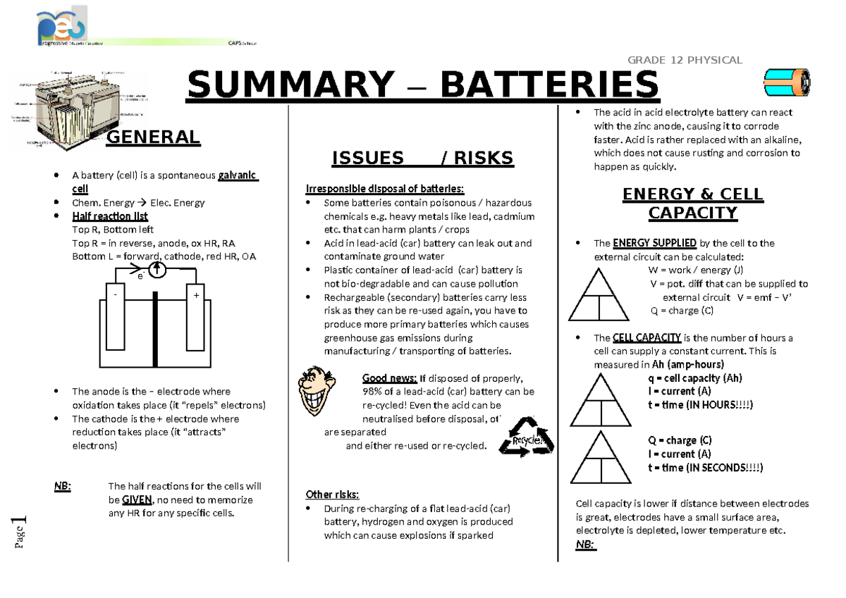 Batteries Summary Notes for Grade 12 Physical Science - Studocu