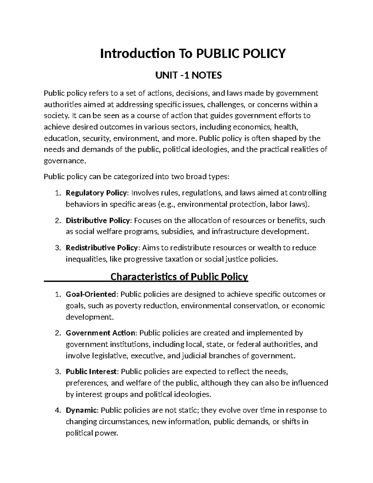 Public Policy 101: Comprehensive UNIT 1 Notes on Key Concepts - Studocu