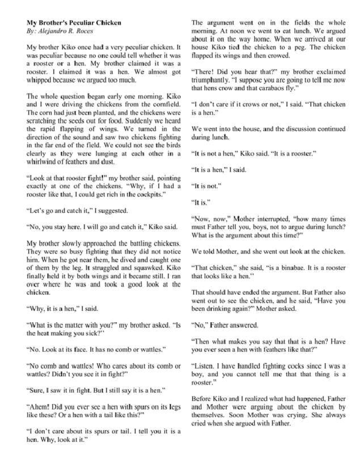 My Brothers' Peculiar Chicken: A Family Argument Over a Bird - Studocu
