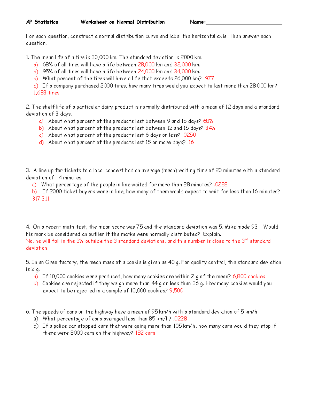 AP Statistics Normal Distribution Worksheet 2 - Answers and Solutions ...