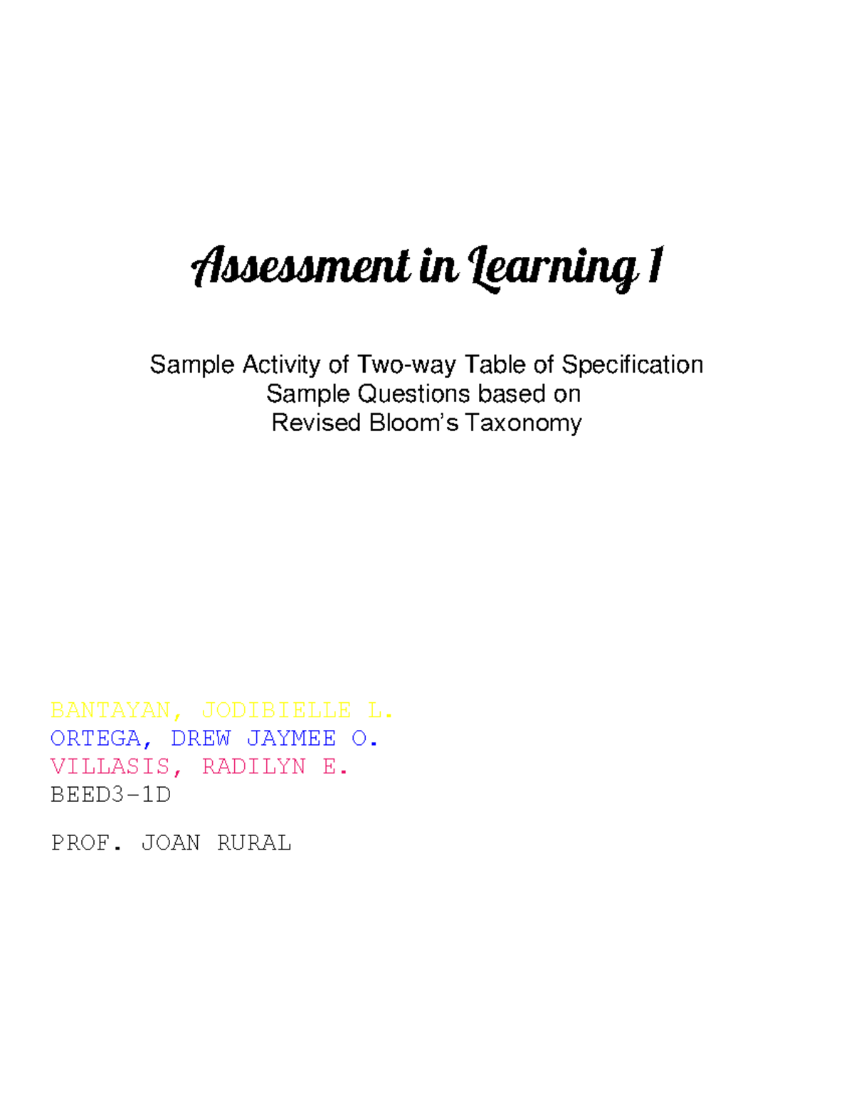 Table of Specification - Assessment in Learning 1 Sample Activity of ...