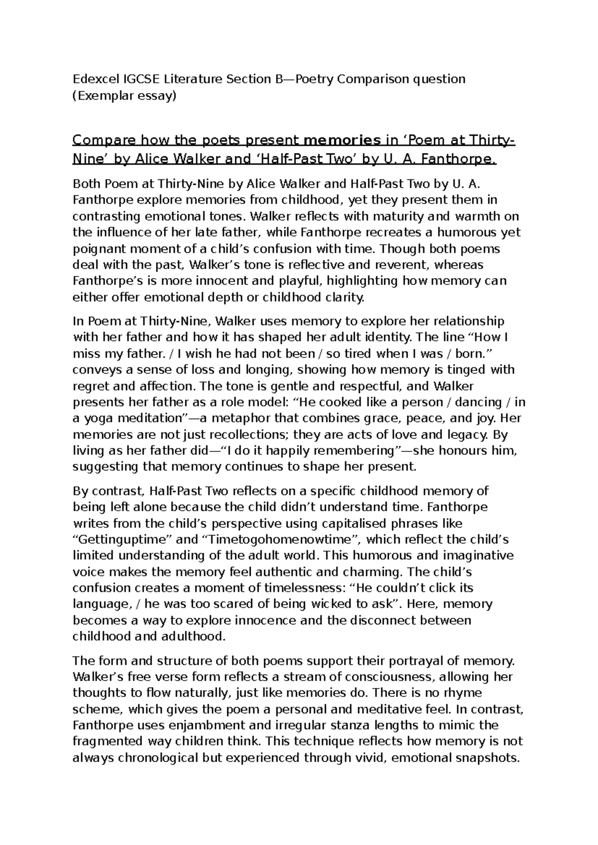 Edexcel IGCSE Lit: Poetry Comparison of Memories in Walker & Fanthorpe ...
