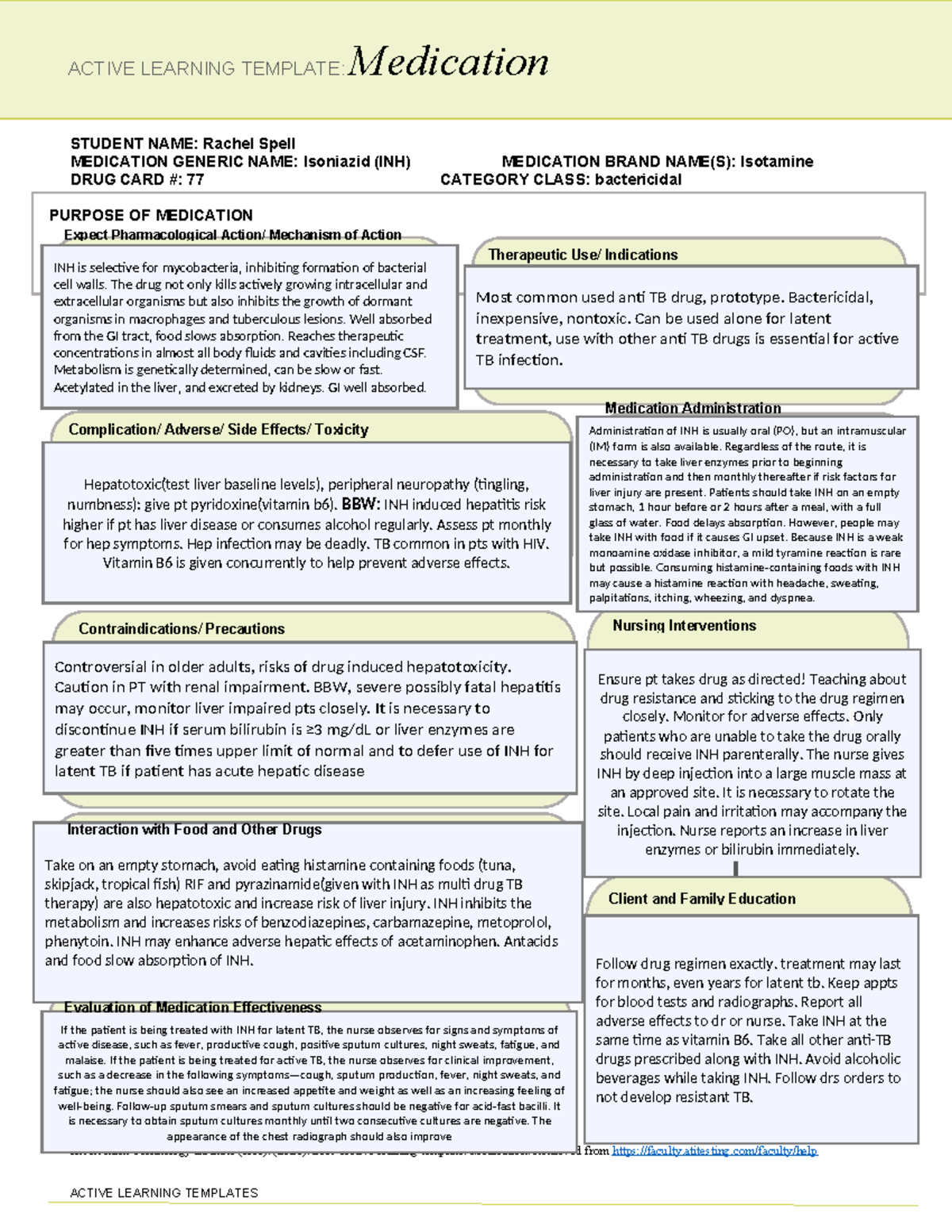 Active Learning Template: Isoniazid (INH) Drug Card 77 - Studocu