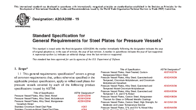 ASTM A20: Standard Specification for Pressure Vessel Steel Plates - Studocu