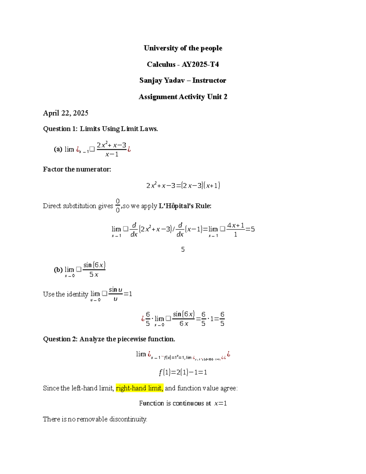 Calculus Assignment Activity Unit 2: Limits and Continuity Analysis - Studocu