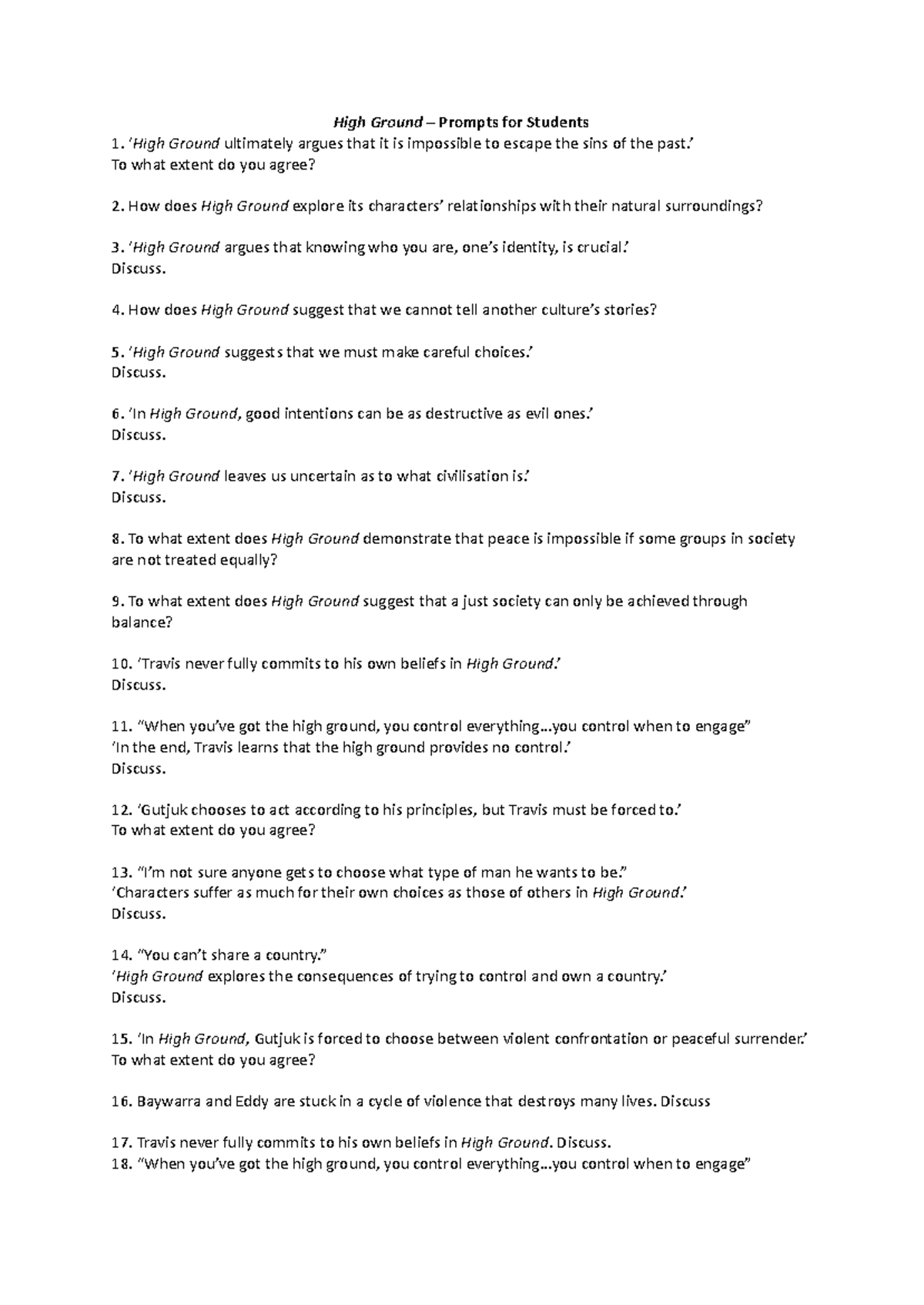 High Ground (2024) - Discussion Prompts for Students' Analysis - Studocu