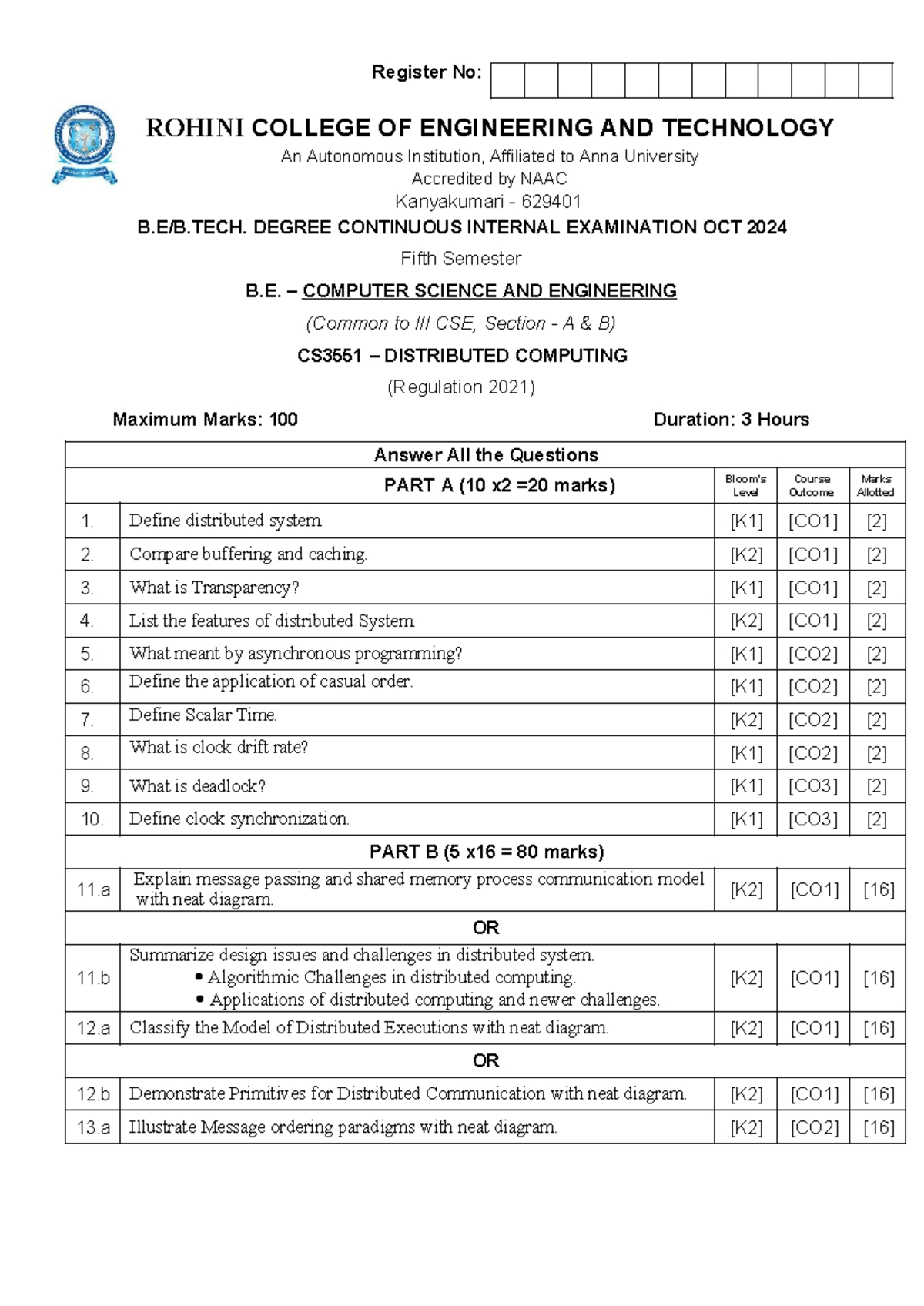 CSE CS3551 Distributed Computing Internal Exam Question Paper - Studocu