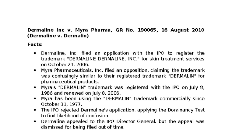 Dermaline Inc v. Myra Pharma, GR No. 190065: Trademark Dispute Analysis ...