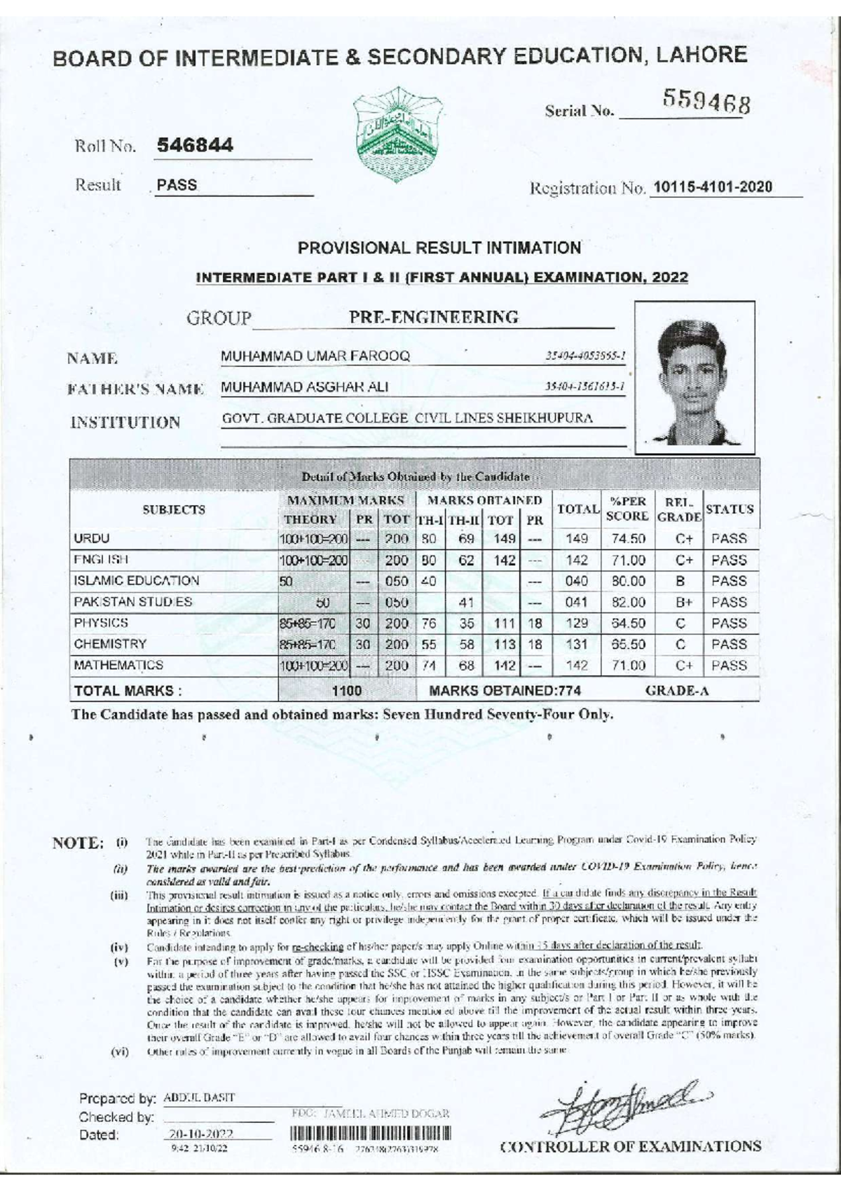 FSc Result Card - I am a student . I need this notes for my further ...