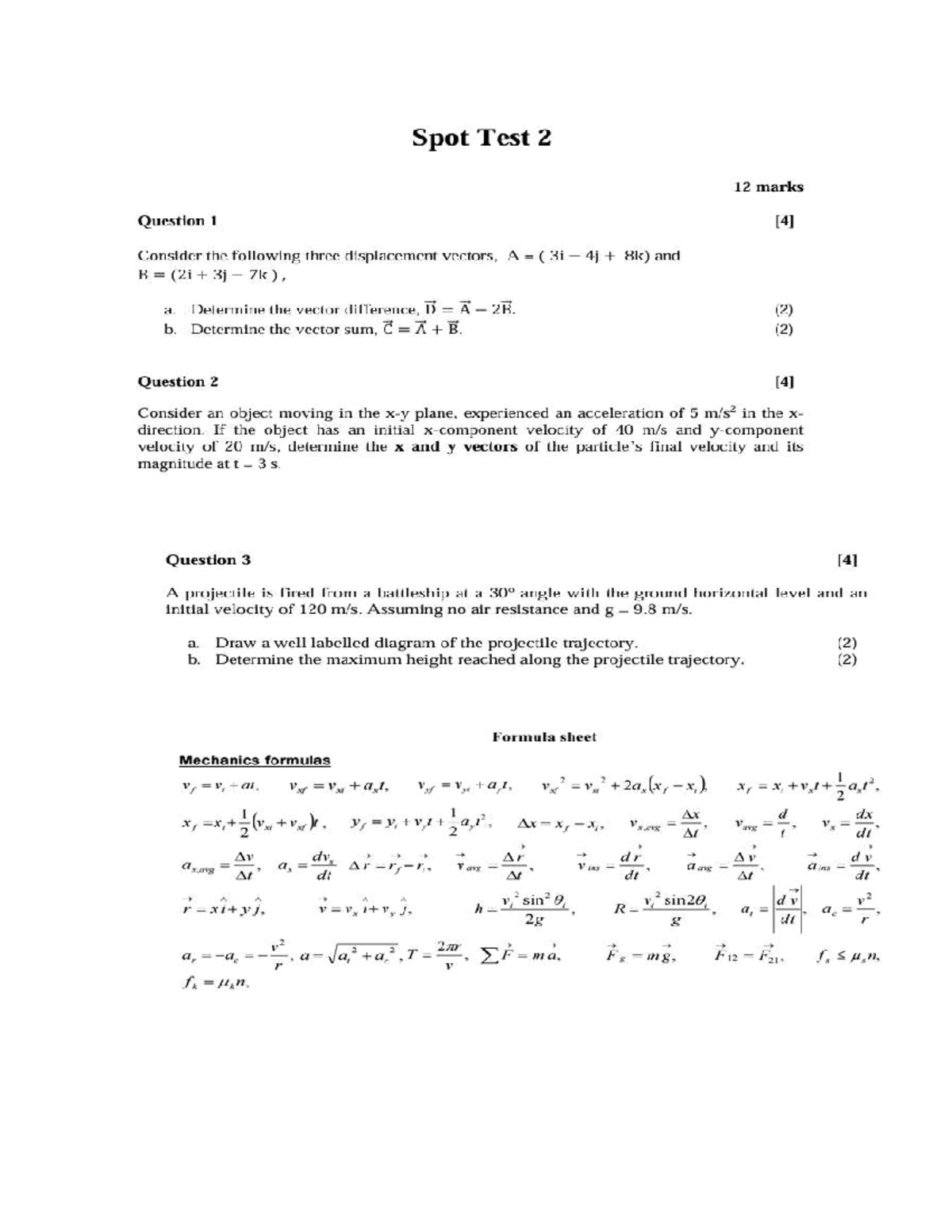 Spot Test 2 - Physics Practice on Vectors and Projectile Motion - Studocu