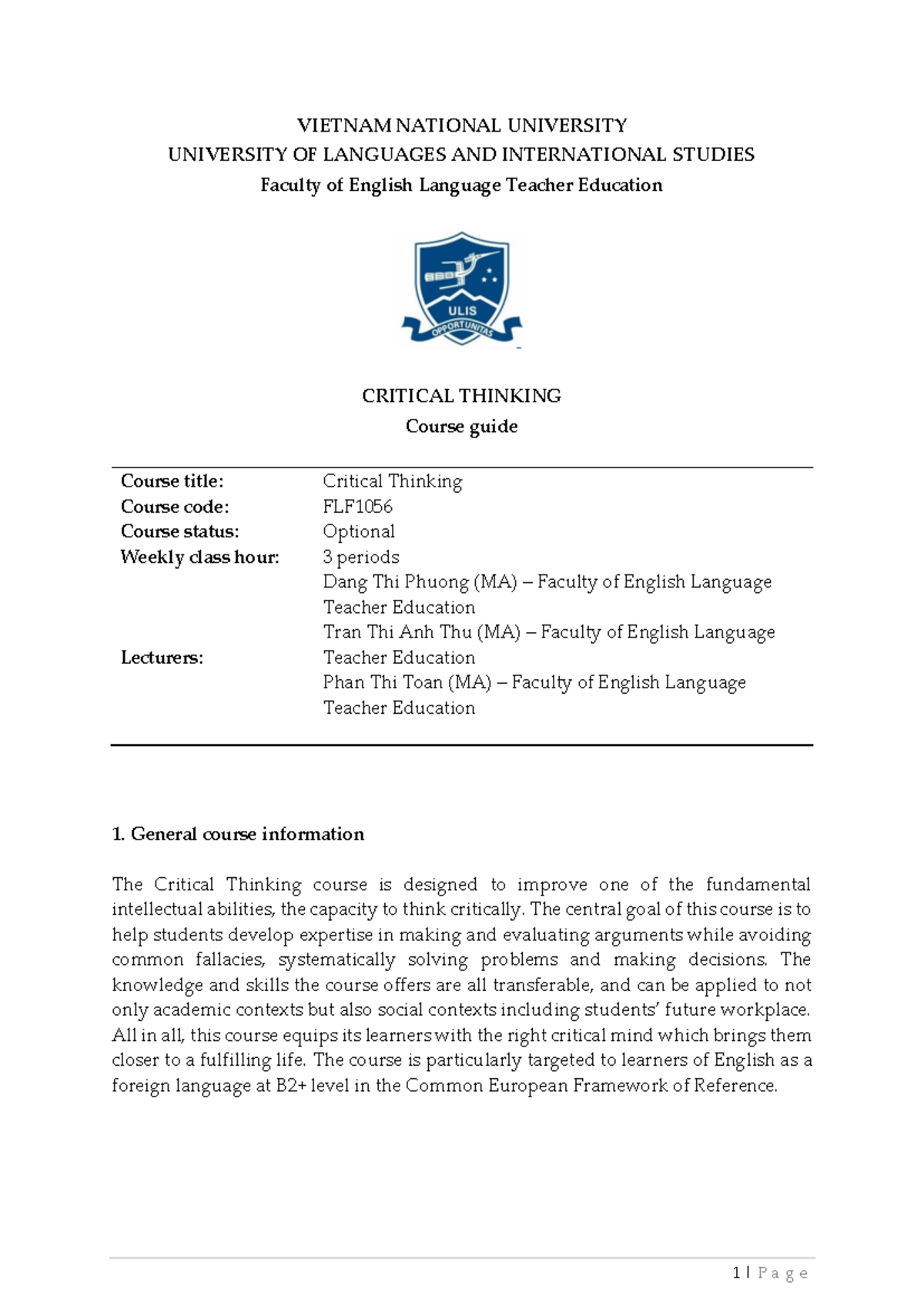 Critical Thinking Course Guide FLF10 56: Essential Skills and Overview ...