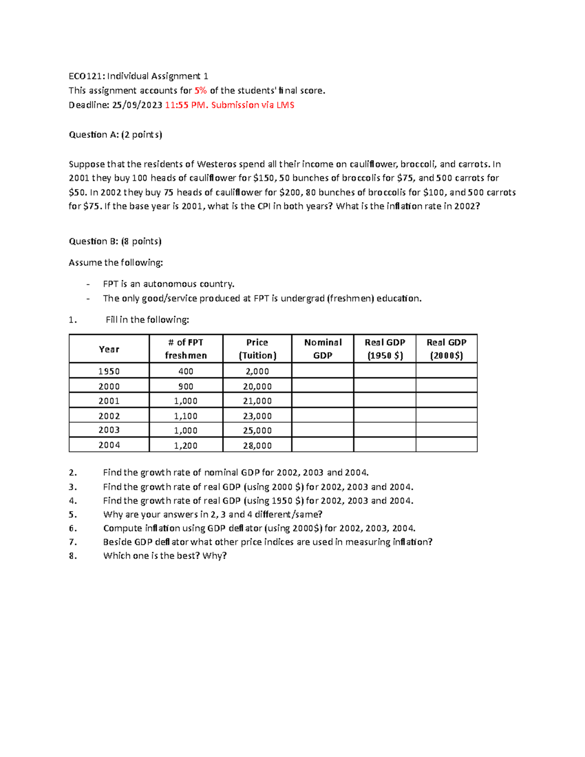 ECO121 - Individual Assignment 1: CPI & GDP Calculation Tasks - Studocu