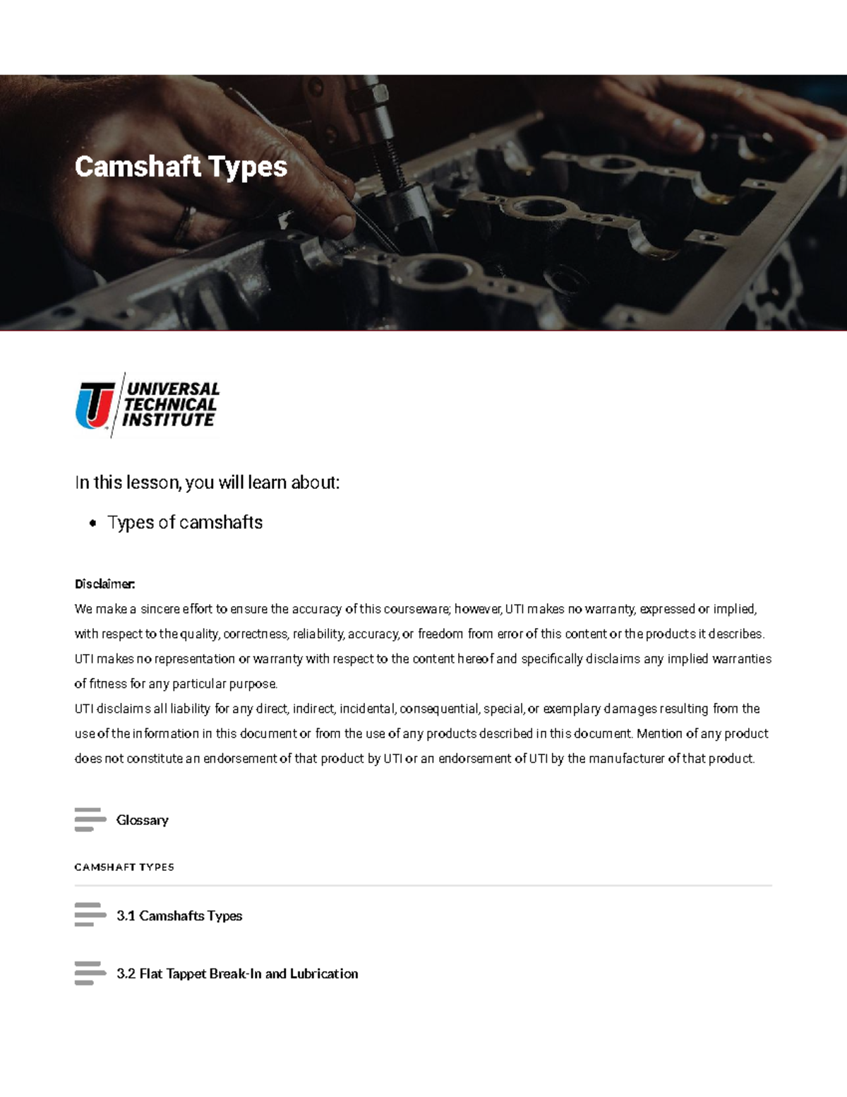 Camshaft Types & Break-In Procedures - UTI 101 Lesson Overview - Studocu