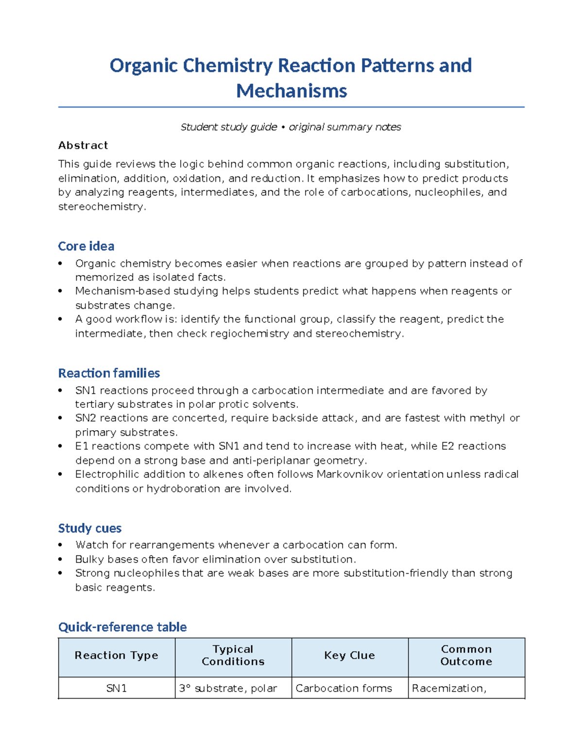 Organic Chemistry (CHEM 101) Reaction Patterns & Mechanisms Study Guide ...