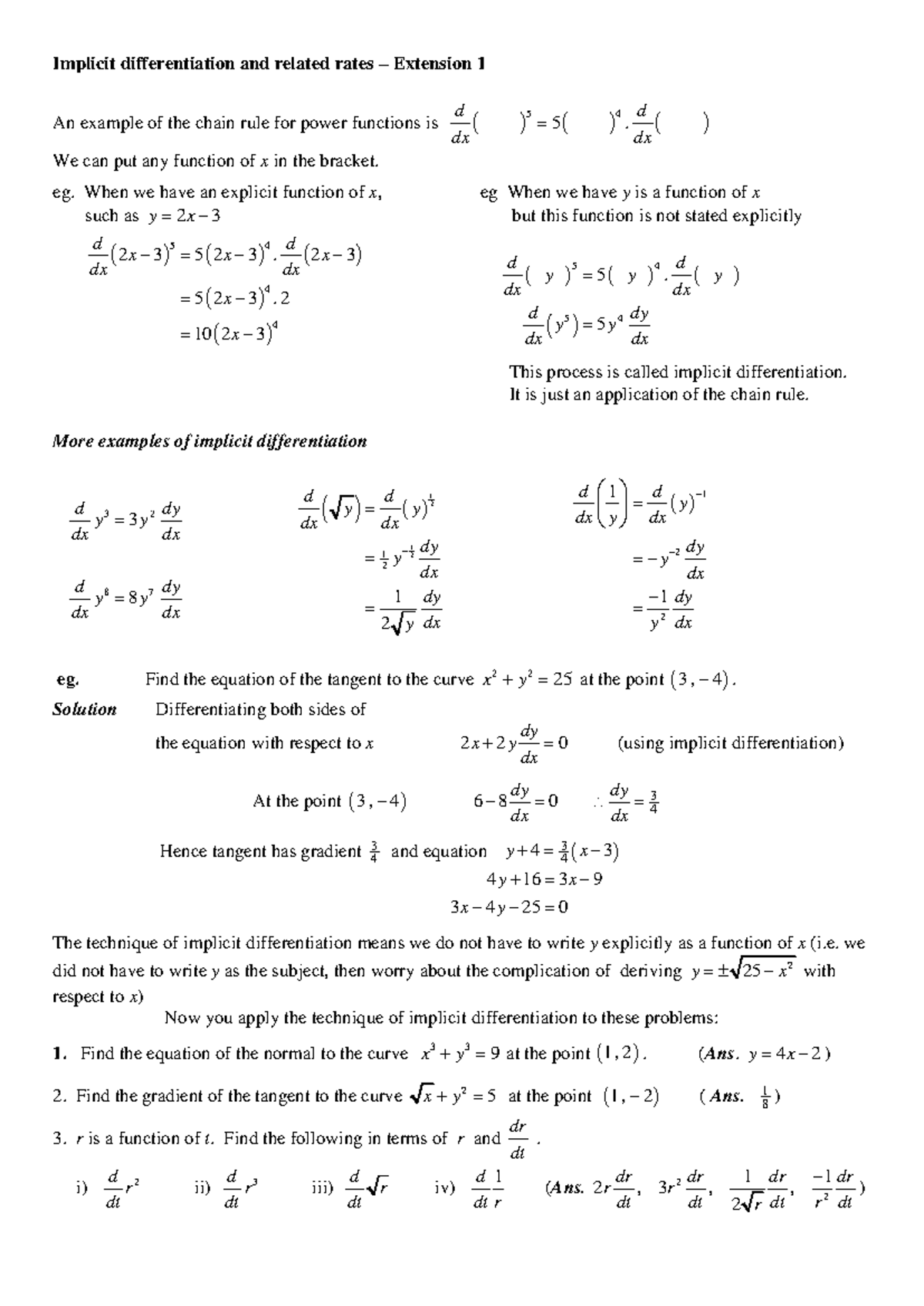 Notes - Ext 1 Implicit Differentiation - Implicit differentiation and ...