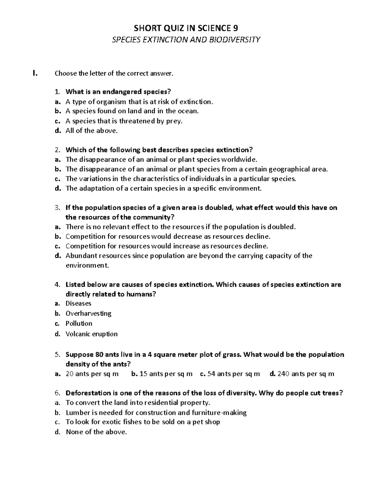 Quiz Species Extinction and Biodiversity - SHORT QUIZ IN SCIENCE 9 ...
