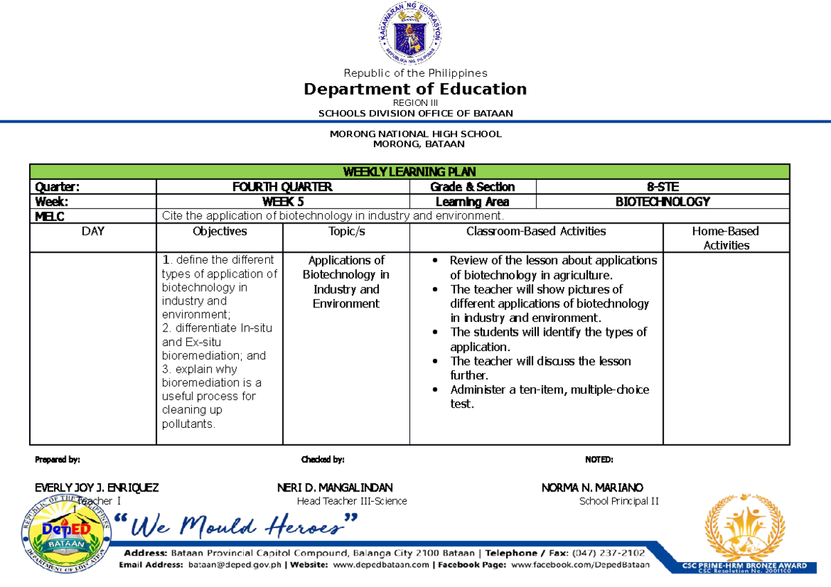 WLP-Week 5-Biotechnology Lesson Plan for Grade 8 - STE - Studocu