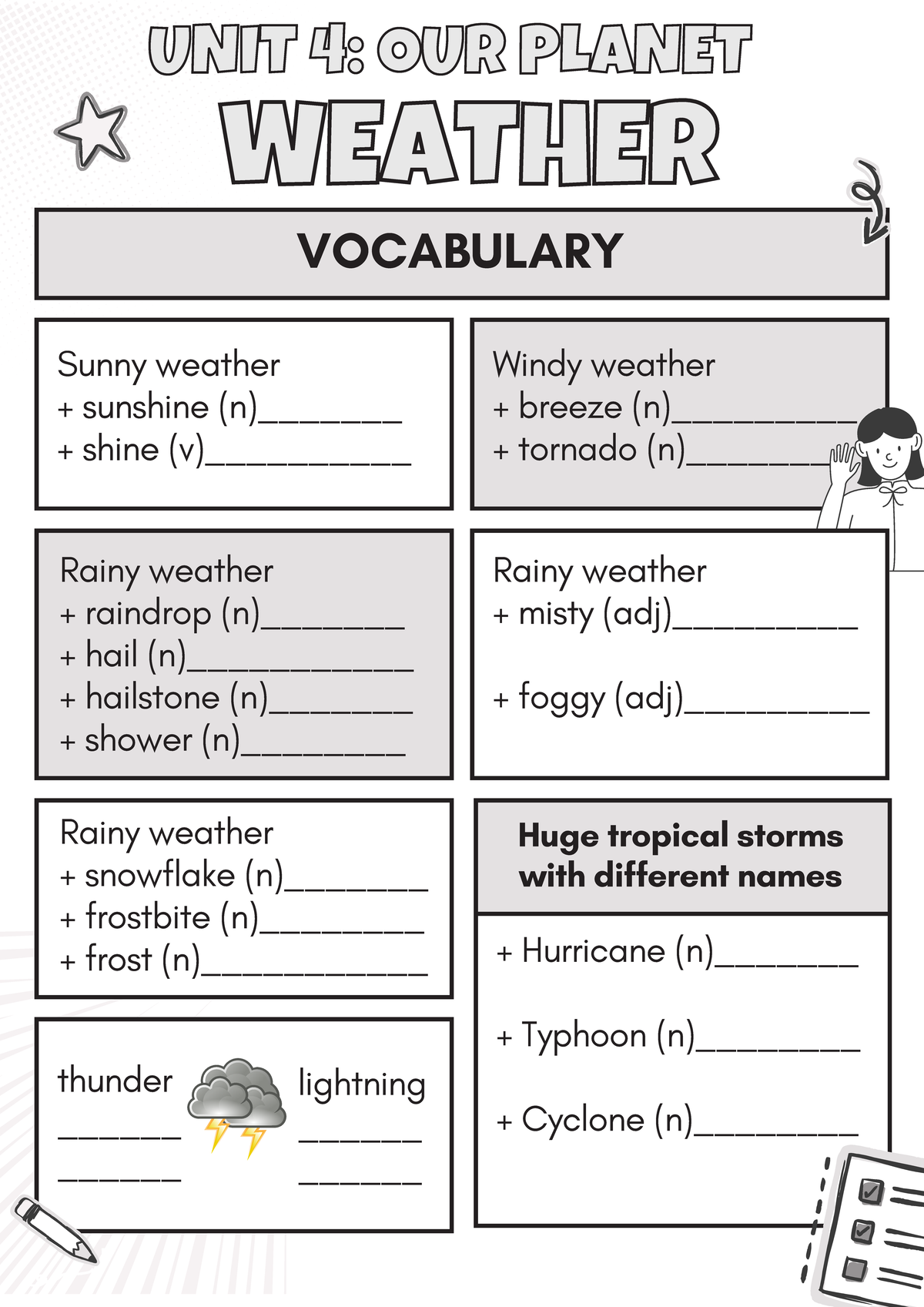 Handout Unit 4 - Vocabulary - WEATHERWEATHER Windy weather + breeze (n ...