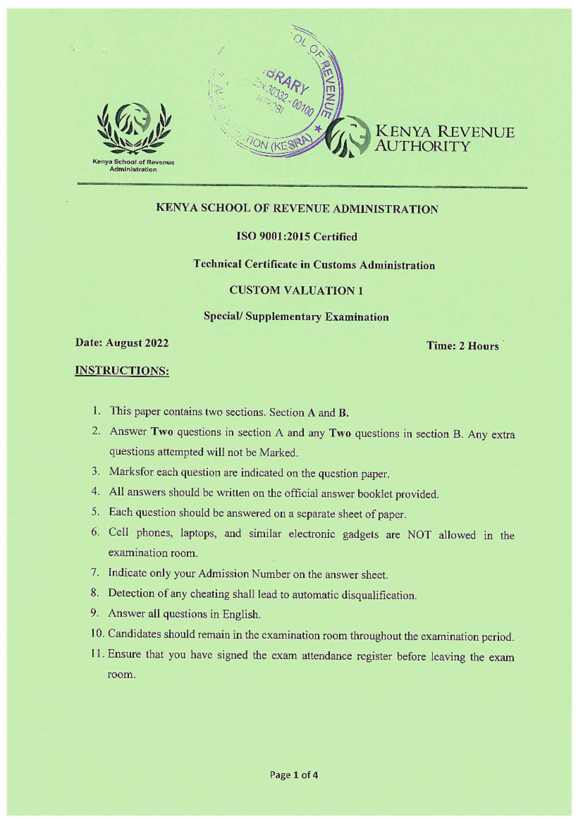 Custom Valuation 1-sup 2022 - OL OC CLIBRARY 30332 00100 REVENUE KENYA ...