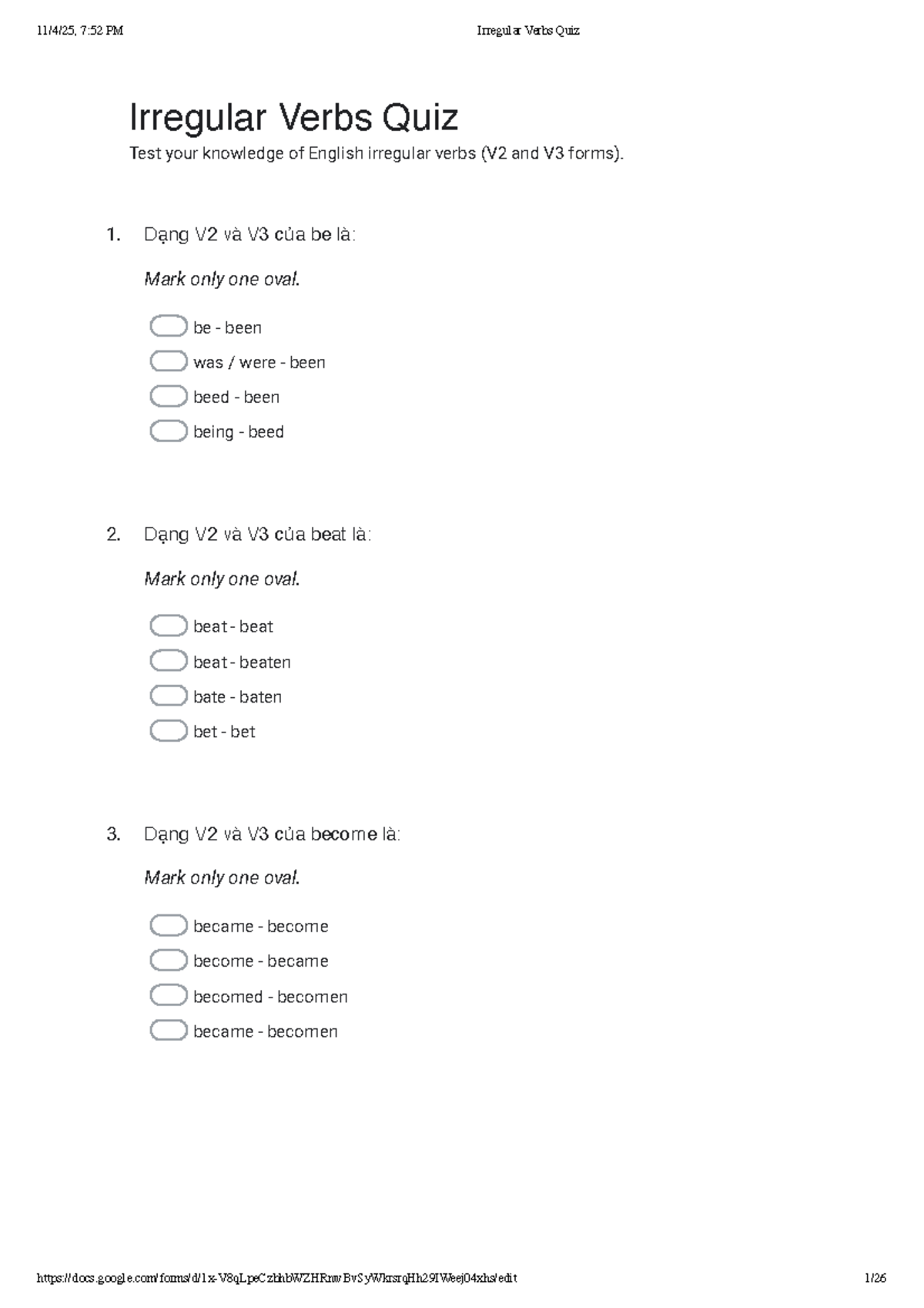 Irregular Verbs Quiz (English) - Test Your Knowledge on V2 & V3 Forms ...